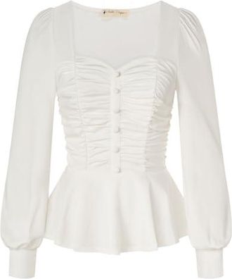 Belle Poque Haut p&eacute;plum &agrave; manches longues bouffantes et col carr&eacute; fronc&eacute; sur le devant pour femme, blanc, XXL