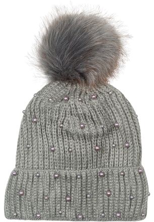 styleBREAKER Damen Strick Bommelmütze mit Perlen und Fleece Futter, warme Winter Fellbommel Mütze, Fake Fur 04024155, Farbe:Hellgrau