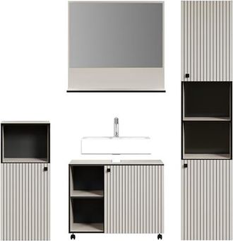 Trendteam PureBliss - Badezimmer Komplettset (WBU + Spiegel 60cm + Standschrank + Hochschrank) - Hellgau/Kashmir - Rillenoptik - Aufbaumaß (BxHxT) 180 x 186 x 4