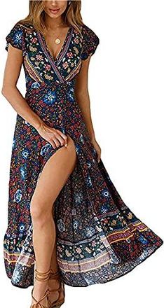 Minetom Femme Maxi Robe Ete Longue Robe de Vacances Robe de Plage Col V Florale avec Ceinture D Bleu Foncé XL