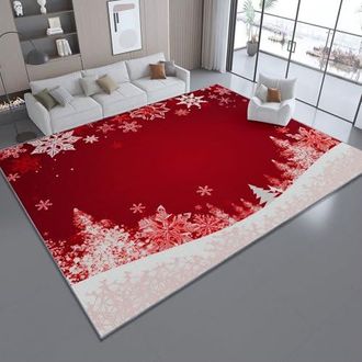 Generic Tapis De Salon Rouge Blanc 140 x 200 cm avec Motif Sapin De No&euml;l Simple Flocons De Neige, Tapis Antid&eacute;Rapant Lavable Poil Ras Moelleux pour Chambre, S