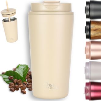 Milu Thermobecher 500ml - 100% Auslaufsicher - Edelstahl Kaffeebecher to go isoliert mit Strohhalm hält 10h heiß / 20h kalt, BPA-frei (Beige, 500ml)