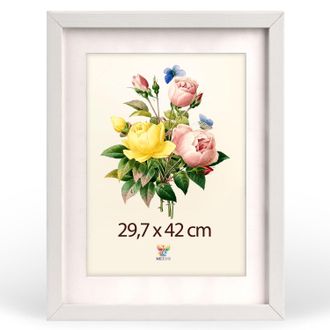 MG Design Bilderrahmen A3 29,7 x 42 cm - Posterrahmen mit Wei&szlig; Hochprofil-Holzrahmen und bruchsicherem Acrylglas, mit Passepartout, Hoch & Quer mit stabiler Wan