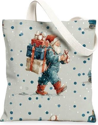 Generic Sac fourre-tout en toile motif P&egrave;re No&euml;l, sac de courses r&eacute;utilisable, vintage, festif, l&eacute;ger, lavable, Gris, 13x15 Inch