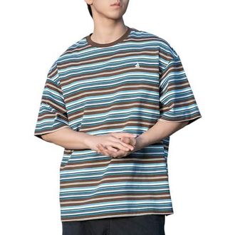 Generic T-shirt pour homme avec broderie r&eacute;tro japonaise &agrave; manches courtes pour l&eacute;t&eacute; pour homme et femme, coupe ample, Hit The Color Striped Body Shirt, caf&eacute;,