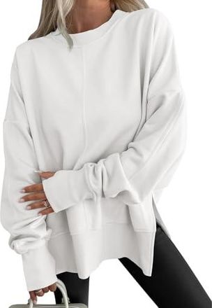 Generic Sweat-shirt &agrave; col rond fendu sur le c&ocirc;t&eacute; pour femme - Pull d&eacute;contract&eacute; &agrave; manches longues pour femme, blanc, XXL