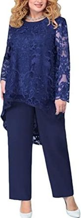 Minetom Femme 2 Pièces Costume De Soirée Cocktail Bal en Dentelle Mariage Manches Longues Chemise en Dentelle Fête Et Costume Pantalon A Marin 3XL