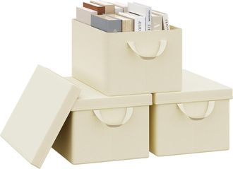 Woltu Aufbewahrungsbox mit Deckel 3 Stück, aus Polyesterstoff, für Schlafzimmer, Arbeitszimmer, Wohnzimmer, Organizer Box mit Griffen, für Kleidung Spielzeu