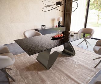 DELIFE Esstisch Edge 180-220x100 Reliefglas Rauchschwarz 3D-Design W-Gestell Effektfinish Titan ausziehbar, Esstische
