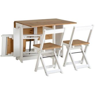 PEGANE Ensemble table pliante avec rallonges coloris ch&ecirc;ne et pieds en blancs + 4 chaises pliantes - Longueur 95 x Profondeur 34/115 x Hauteur 76 cm