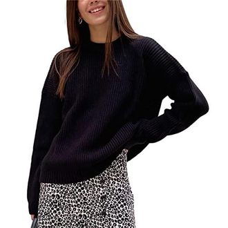 Generic Chandail &agrave; encolure ras du cou et &agrave; manches longues pour femme, coupe d&eacute;contract&eacute;e, pull en grosse maille &agrave; &eacute;paules tombantes pour femme, rose, taille