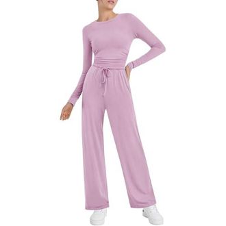 Generic Costume extensible pour femme - Tenue dautomne deux pi&egrave;ces - Surv&ecirc;tement &agrave; manches longues - Haut court &agrave; manches longues - T-shirt - Pantalon large -