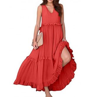 Generic Robe d&eacute;t&eacute; longue pour femme - Couleur unie - Sans manches - Style boh&egrave;me - Avec volants, rouge, XXL