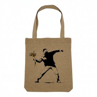 Fabulous Sac Shopping Tote Bag Aspect Lin - Banksy Rage The Flower Thrower Fleurs Street Art Graffiti - Sac de Courses Toile Epaisse 360g Beige Naturel Cabas P