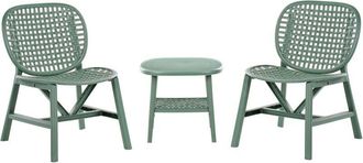 Beliani Balkonset Gr&uuml;n Kunststoff Geflochten 3-Teilig Niedrig Retro-Design Tisch mit 2 St&uuml;hlen Outdoor Balkon Terrasse Garten Ausstattung
