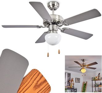 HOFSTEIN Deckenventilator Apiao, Deckenlampe aus Metall/MDF/Glas in Silber/Holzoptik/Braun/Weiß, 1 x E27, mit Schnurschalter, wendbare Rotorblätter, drei Stufe