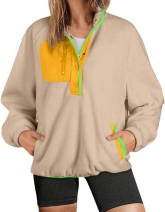 Generic Vestes pour femmes 2026 pour femmes, veste polaire pelucheuse surdimensionn&eacute;e, bloc de couleur, boutons, pull &agrave; manches longues, sweatshirts hauts, Wh