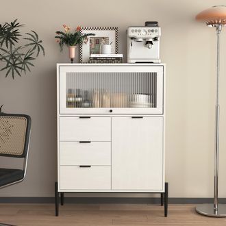 Generic LZPUOUI Sideboard Kommode 85 cm Wei&szlig; Highboard mit 3 Schubladen 1 Glast&uuml;r 1 Holzt&uuml;r Anrichte in Spanplatte Holzwerkstoff Schrank f&uuml;r K&uuml;che Esszimmer F