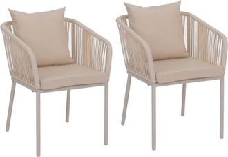 Hhg 2er-Set Gartenstuhl HHG-616, Outdoor Armlehne, wetterfest Aluminium Seilgeflecht Rope creme, Kissen creme