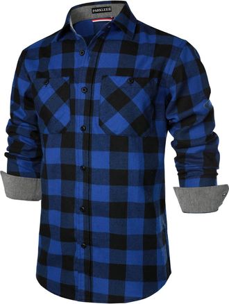 PARKLEES Herren-Fleece-Hemd, klassisch, stilvoll, normale Passform, l&auml;ssig, lang&auml;rmelig, Knopfleiste, kariert, mit Tasche, blau / schwarz, XXL