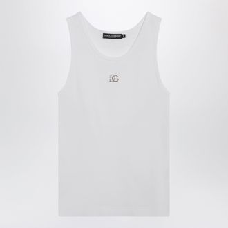 Dolce & Gabbana Geripptes Baumwoll-Tanktop mit DG-Stickerei, Optikwei&szlig;