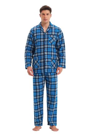 Global Herren Schlafanzug Flanell | Herren Pyjama Set Lang Baumwolle | Herren Zweiteilige Nachtw&auml;sche Loungewear Schlafanzughose Lang Gummizug und Kordelzug 