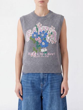 Ganni Gilet en maille &agrave; col rond en laine avec motif floral et logo jacquard