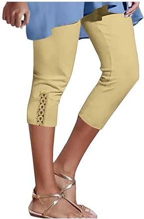 Generic Legging capris pour femme - Extensible - Taille haute - Avec ourlet en dentelle - Coupe ajustée - Pour entraînement - Pantalon 3/4, beige, M