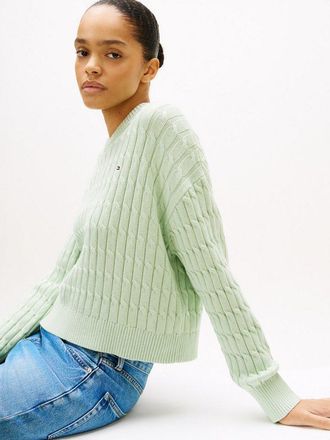 Tommy Hilfiger Strickpullover CO CABLE MID GG RLX LS V-NK SWT mit Zopfmuster