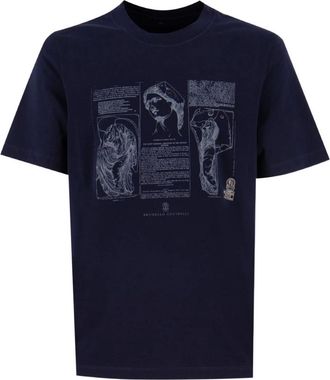 Brunello Cucinelli Homme, Tops, Noir, Taille: XL T-Shirt Imprim&eacute; Col Rond