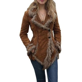 Generic Vestes en daim synthétique pour femme, veste vintage boutonnée à revers boutonné, bordure en fourrure Sherpa, manteau moelleux pour femme, vêtement de
