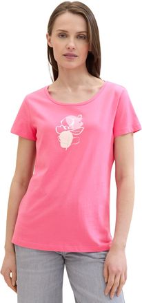Tom Tailor Damen Basic T-Shirt mit Blumen Print, carmine pink, XXXL