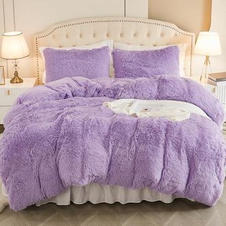 Emme Parure de lit en flanelle avec housse de couette de 220 x 240 cm et 2 taies doreiller de 80 x 80 cm, pour lit &agrave; poils longs, violet