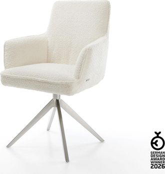 DELIFE Drehstuhl Heira-Flex mit Armlehnen Boucl&eacute; Wei&szlig; Kreuzgestell breit Edelstahl 360&deg; drehbar Wippfunktion Taschenfederkern, Esszimmerst&uuml;hle