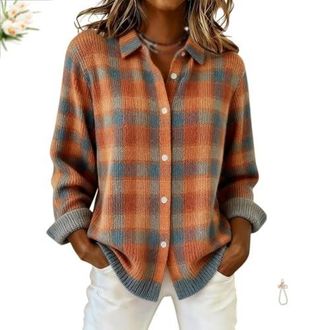 Generic Cardigan boutonné décontracté en coton pour femme, imprimé à carreaux, cardigan court en tricot à carreaux, pull de Noël