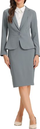 Allegra K Damen 2-teiliges Anzugrock-Set Business Casual Langarm Blazer und Bleistiftrock, Grau, Mittel