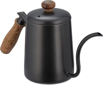 Relaxdays Teekanne, Edelstahl, Eichenholz-Griff, Messskala, Volumen 550 ml, Kanne mit Deckel, Teekrug, anthrazit/braun