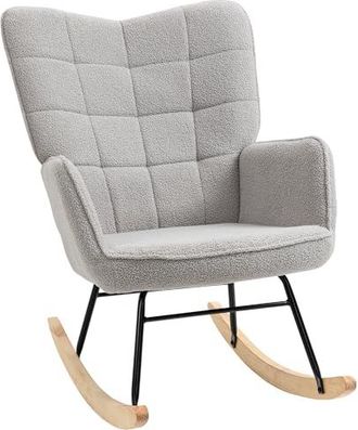 HOMCOM Fauteuil à Bascule, Rocking Chair, revêtement Bouclette, Chaise à Bascule, Structure en Acier, Pieds en Bois Massif, Gris Clair