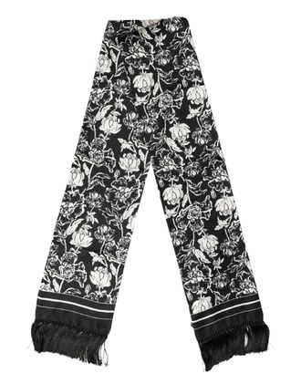 Dolce & Gabbana Mens Black White Silk Floral Print Fringe 136cm X 15.5cm Scarf And
