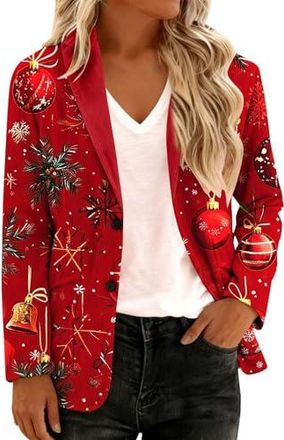 Generic Blazer élégant imprimé de Noël pour femme, manteau fantaisie imprimé sapin de Noël, costume à revers ajusté, smoking vintage, fête de vacances, costum