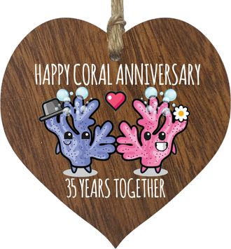 Stuff4 Schild zum 35. Hochzeitstag, Geschenk f&uuml;r Ehemann und Ehefrau, 35 Jahre zusammen, Holzherz mit Aufschrift Happy Coral Anniversary f&uuml;r Frauen, M&auml;nner, 
