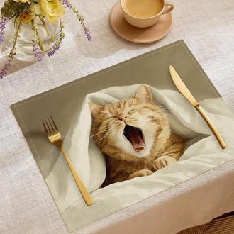 Generic Khaki Tischset - Abwaschbare Hitzebest&auml;ndige Unterlage F&uuml;r K&uuml;che Esstisch - Niedliche Einfache Katze Platzset Platzdeckchen Tier &Ouml;lgem&auml;lde Teller Plat