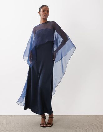 Vero Moda robe longue bandeau en satin avec cape transparente bleu marine