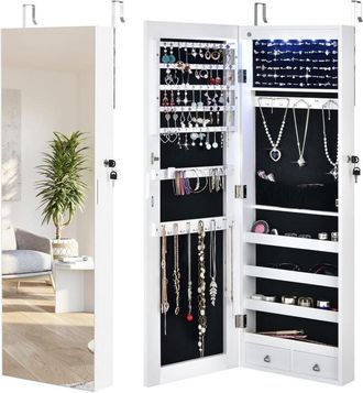 Costway Costway - Verspiegelter Schmuckschrank mit 6 LED-Leuchten & 2 Schubladen, Schmuck Haengeschrank abschliessbar, Sipegelschrank Schrank Wand
