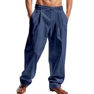 Generic Pantalon en lin pour homme - Taille &eacute;lastique - Cordon de serrage - Jambe large - L&eacute;ger - Respirant - Confortable - Pantalon de voyage - Pantalon de p