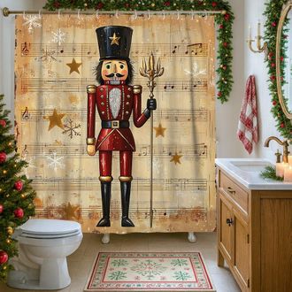 Generic Duschvorhang mit Nussknacker-Motiv, weihnachtliche Sterne, Musiknoten, Weihnachten, Rot, Polyester, wasserdicht, dekorativer Badezimmer-Vorhang für Ba