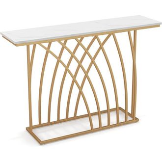 Costway Konsolentisch schmal, Flurtisch Marmor Optik, Beistelltisch mit geometrischem Metallrahmen, Sofatisch modern 120 x 30 x 80 cm, f&uuml;r Wohnzimmer, Flur