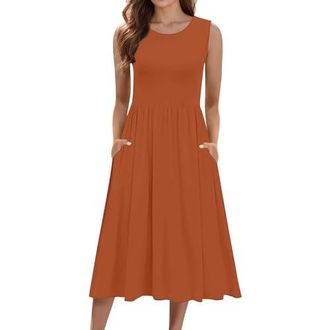 Generic Robe d&eacute;t&eacute; pour femme - D&eacute;bardeur - Robe midi avec poches - Sans manches - Robe trap&egrave;ze d&eacute;contract&eacute;e - T-shirt floral - Robe de plage fluide, Orange, X