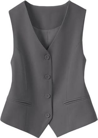 Generic Gilet blazer habillé boutonné à col en V pour femme - Style décontracté - Sans manches - Avec poches, Z03-gris foncé, L