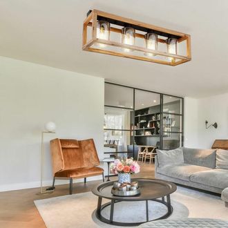 Globo Lighting Globo Lighting - Deckenlampe Esstisch Retro Deckenleuchte rustikal Landhaus Deckenlampe Wohnzimmer Holz, mdf Glas rauch Metall, 4 Flammig E27, LxBxH